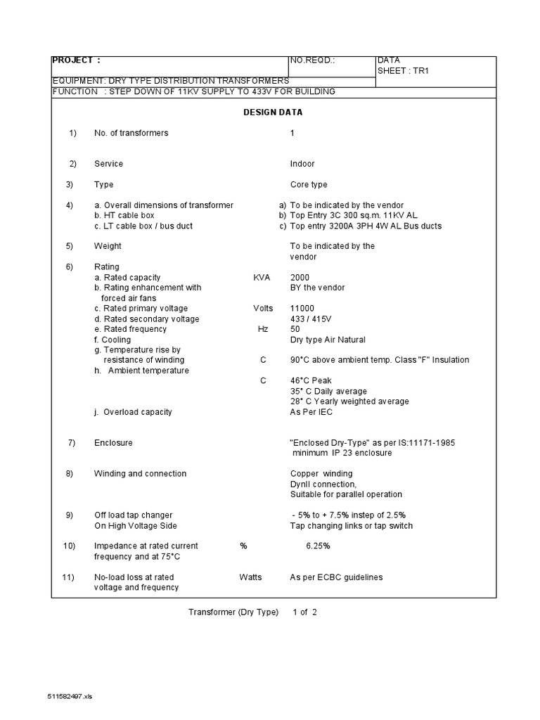 2000KVA Transformer Data Sheet | Download Free PDF | Transformer ...