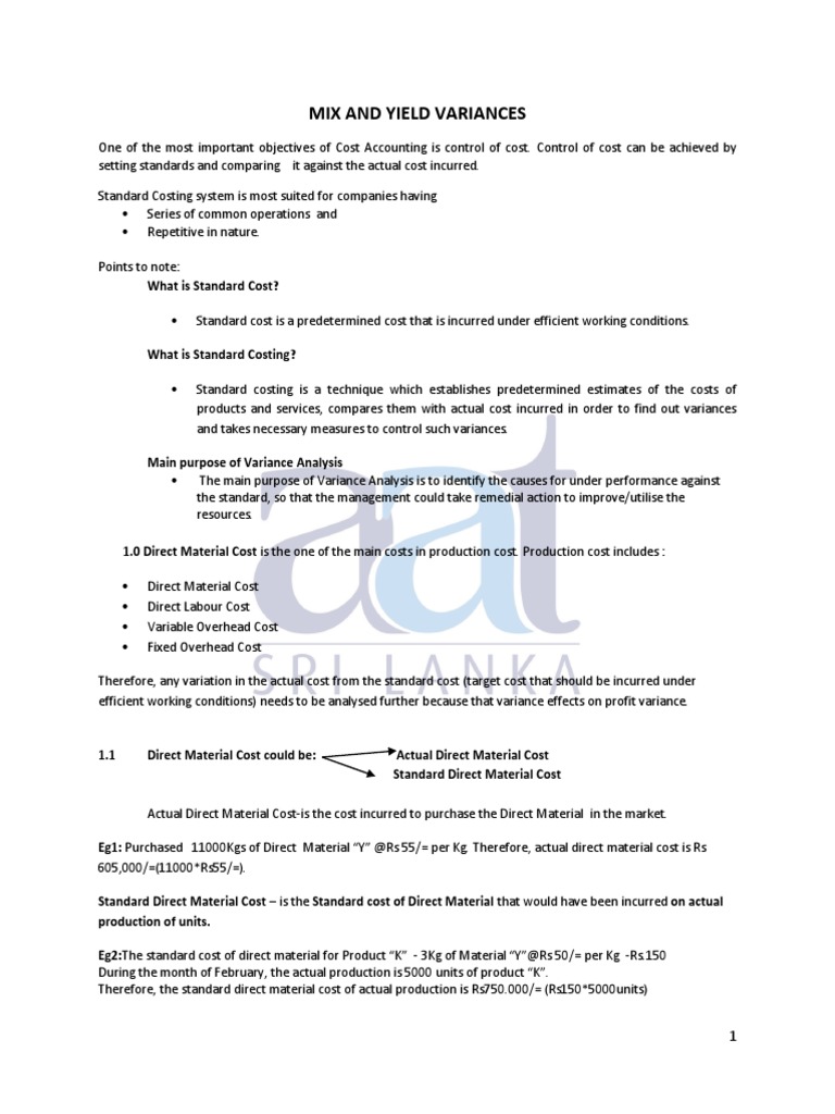 Material Mix and Yield Variance Analysis | PDF | Profit (Economics ...