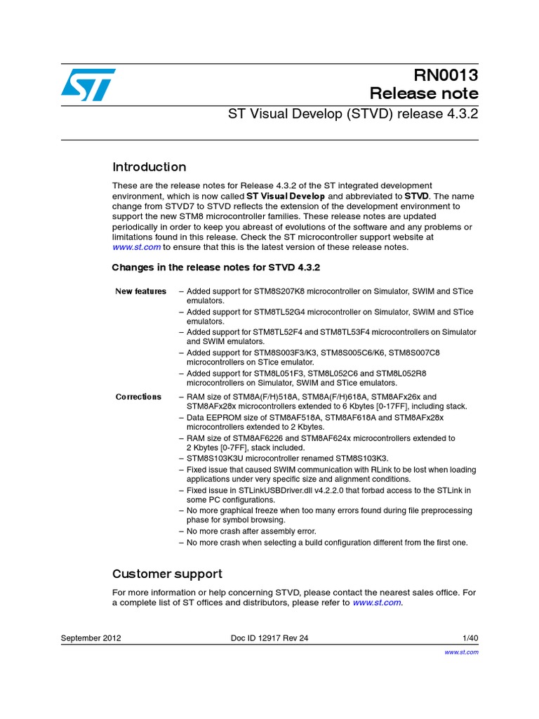 RN0013 Release Note: ST Visual Develop (STVD) Release 4.3.2 | PDF | Microcontroller | Subroutine