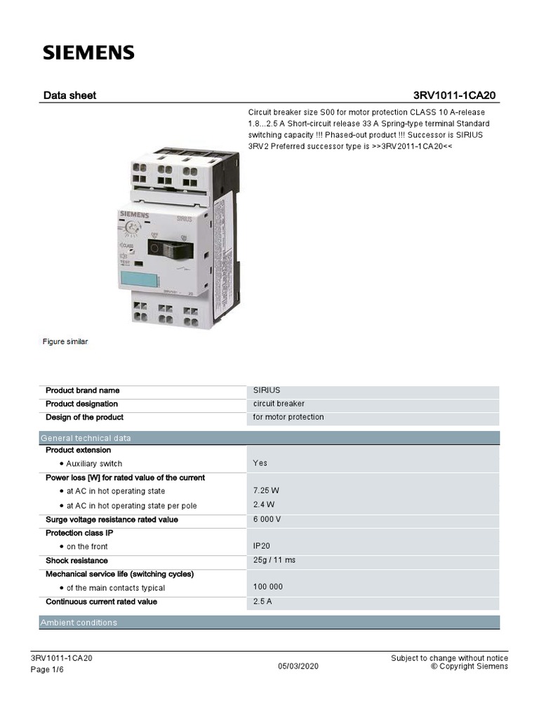 Data Sheet 3RV1011-1CA20 | PDF | Alternating Current | Electrical Engineering