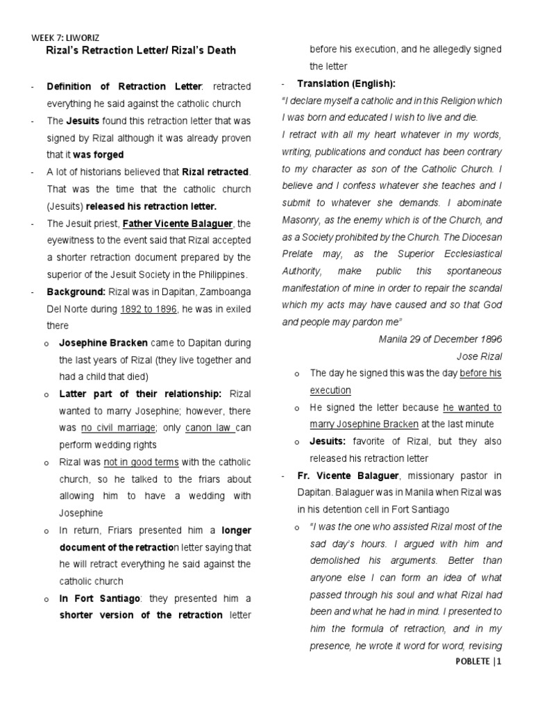 Rizal's Retraction Letter/ Rizal's Death | PDF | Religion And Belief