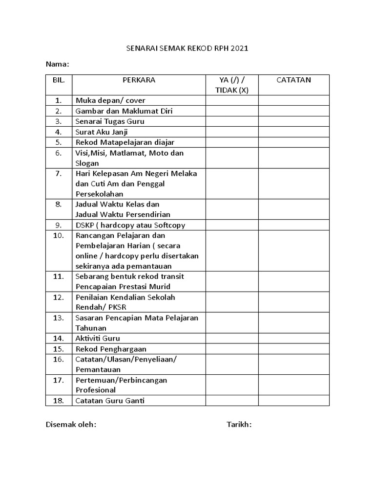 Senarai Semak Rekod RPH 2021 | PDF