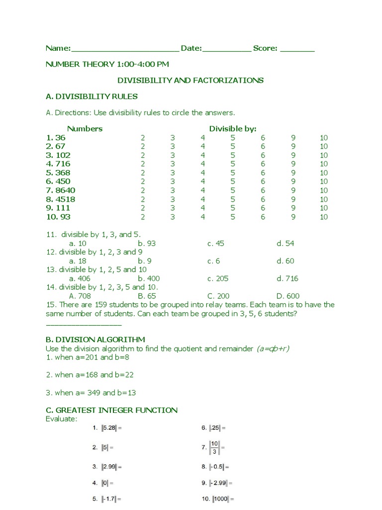 Number Theory Worksheet | PDF