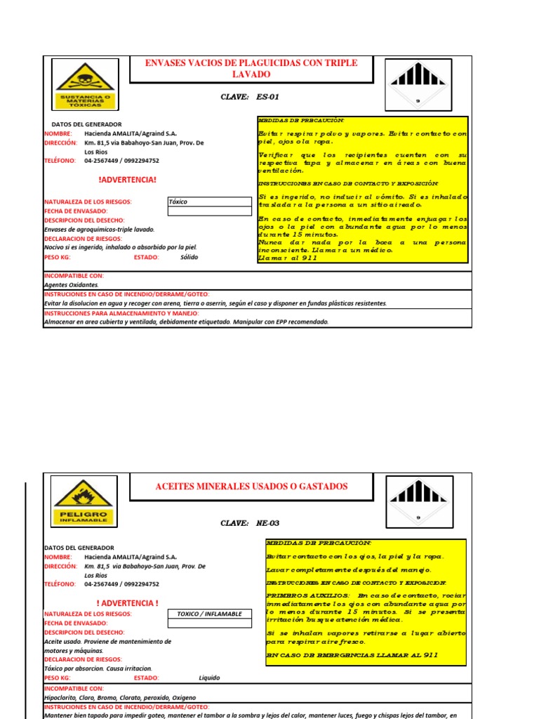 Etiquetas para Desechos Peligrosos Amalita | PDF | Cloro | Agua