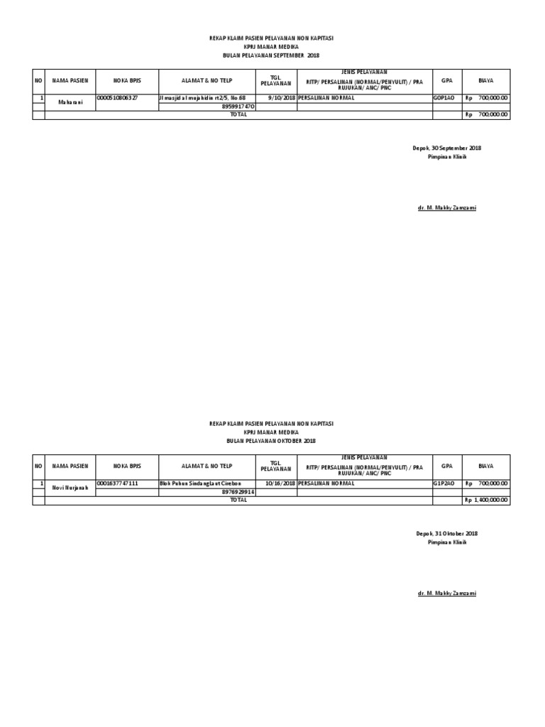 Contoh Rekap Data Klaim Pasien | PDF