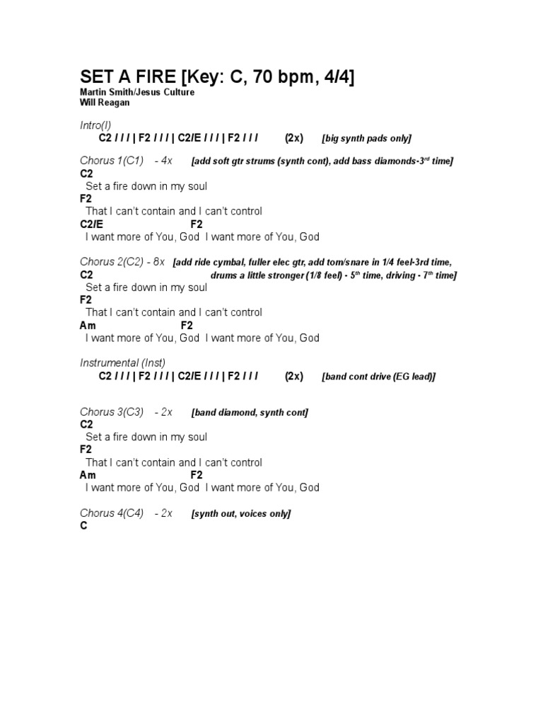 SET A FIRE (Key: C, 70 BPM, 4/4) : Intro (I) Chorus 1 (C1) - 4x | PDF