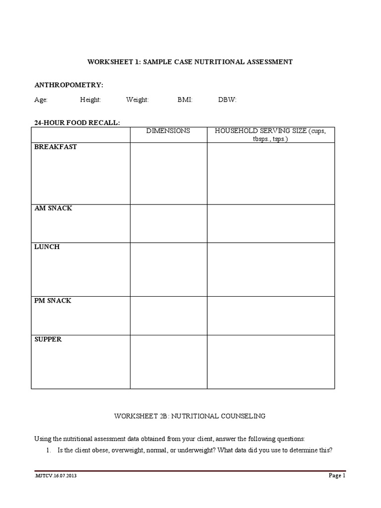 Nutritional Assessment Worksheet Example | PDF | Meal | Weight Management