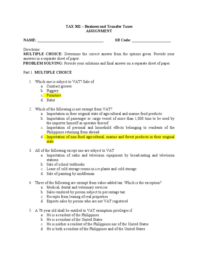 Assignment - VAT and Exemptions From VAT - Answers | PDF | Value Added Tax | Taxes