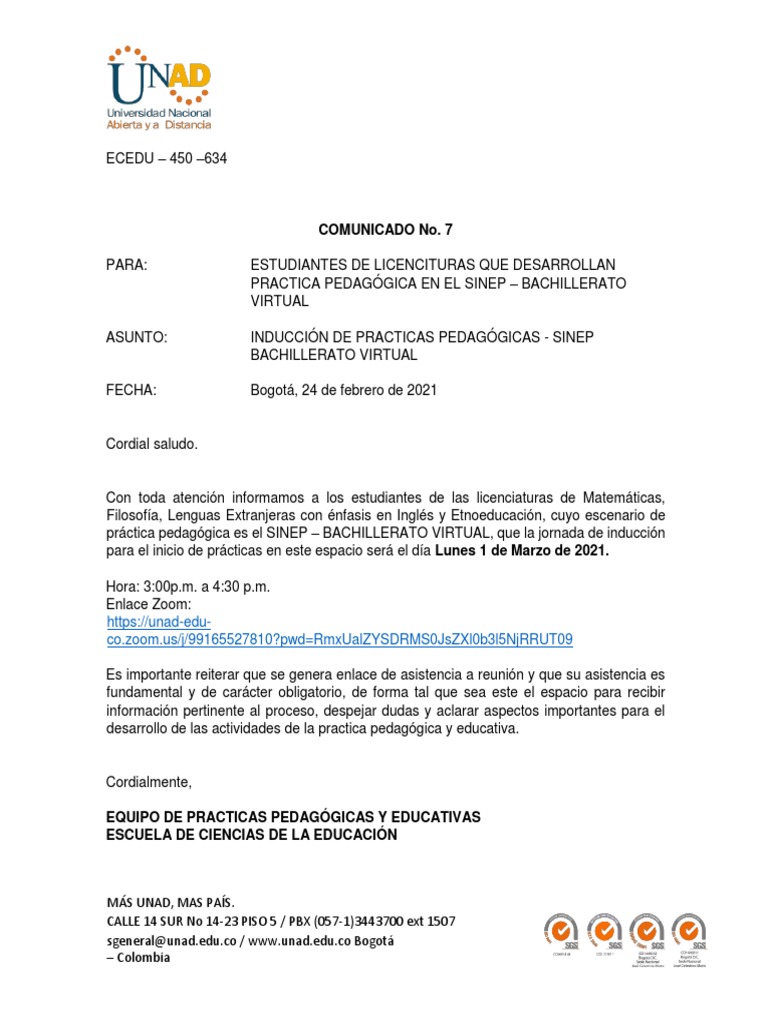 COMUNICADO No. 7 INDUCCION SINEP BACHILLERATO VIRTUAL | PDF