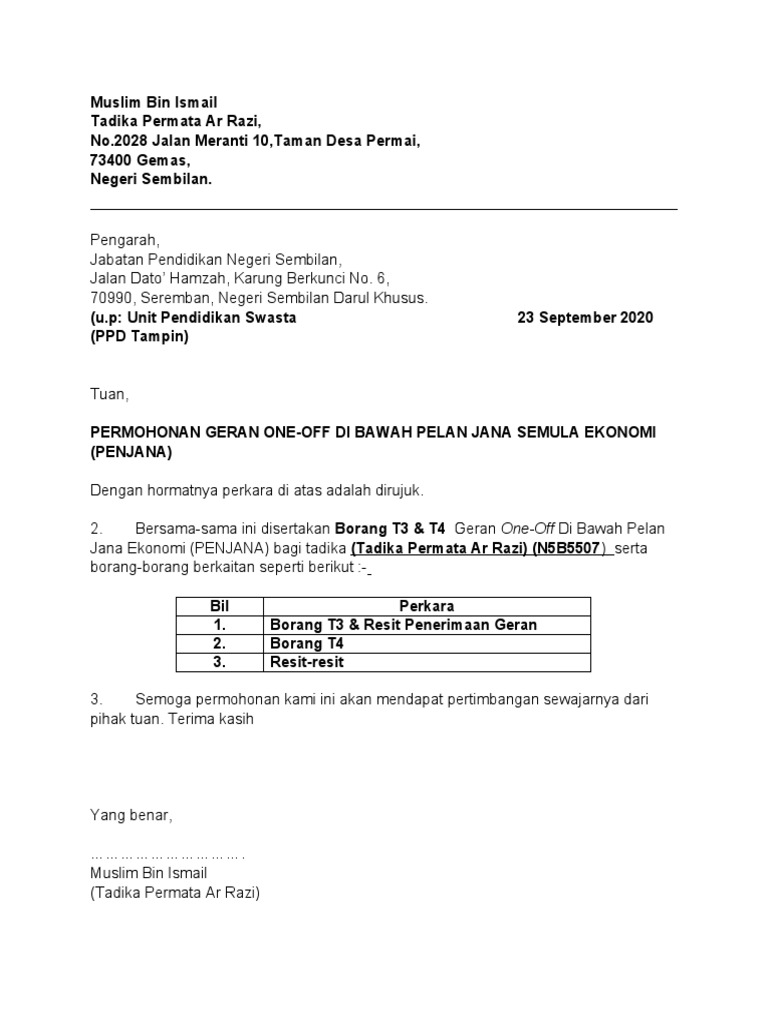 Contoh Surat Permohonan Geran | PDF