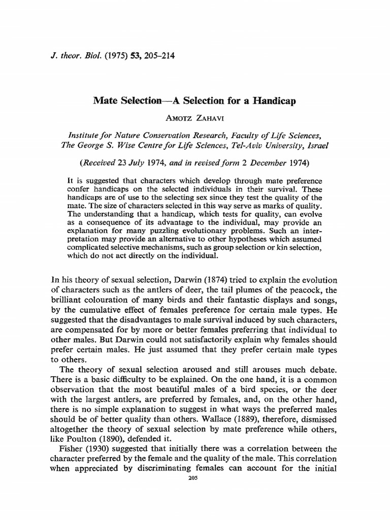 Mate Selection Theory of Handicap Amotz Zahavi 1975 | PDF | Natural ...