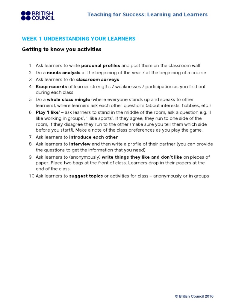 Learning and Learners 1.6 Getting To Know You Activities | PDF ...