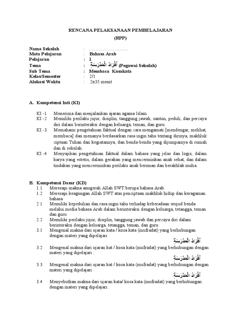 RPP Bahasa Arab Kelas 2 Semester 1 Tema 1 | PDF | Karier & Perkembangan | Seni & Disiplin Bahasa