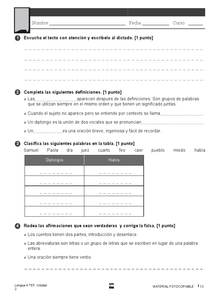 Exámenes de Lengua 4.º Primaria Santillana | PDF