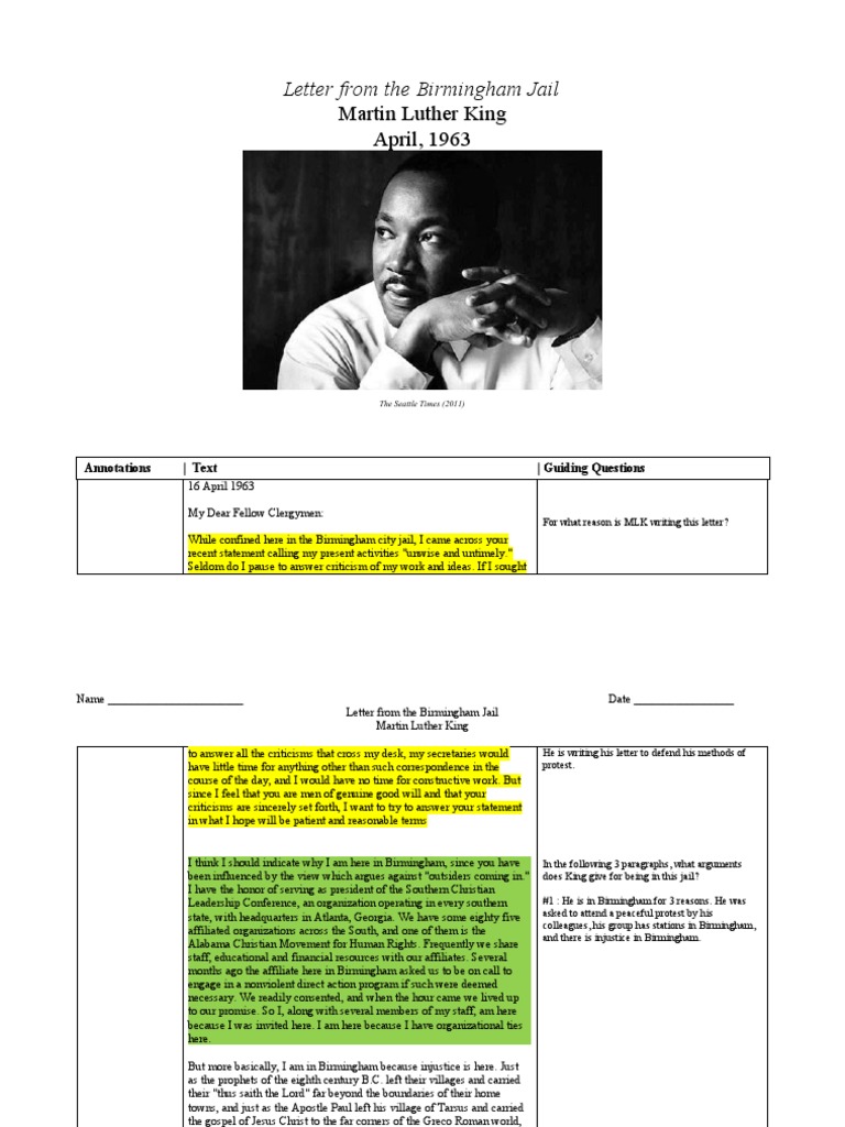 Letter From The Birmingham Jail: Martin Luther King April, 1963 | PDF ...