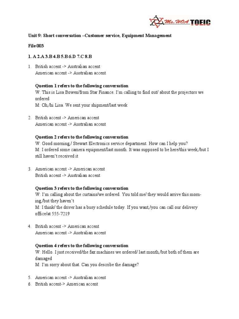 Customer service conversations and equipment management files | PDF ...