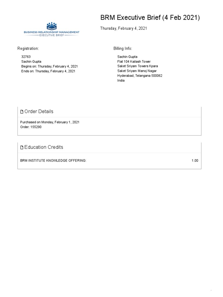 BRM Executive Brief (4 Feb 2021) : Order Details | PDF