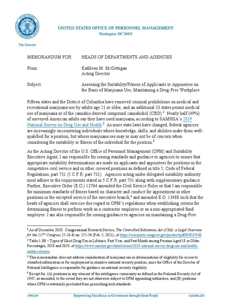 OPM Marijuana Memo | PDF | Cannabis (Drug) | Drug Rehabilitation