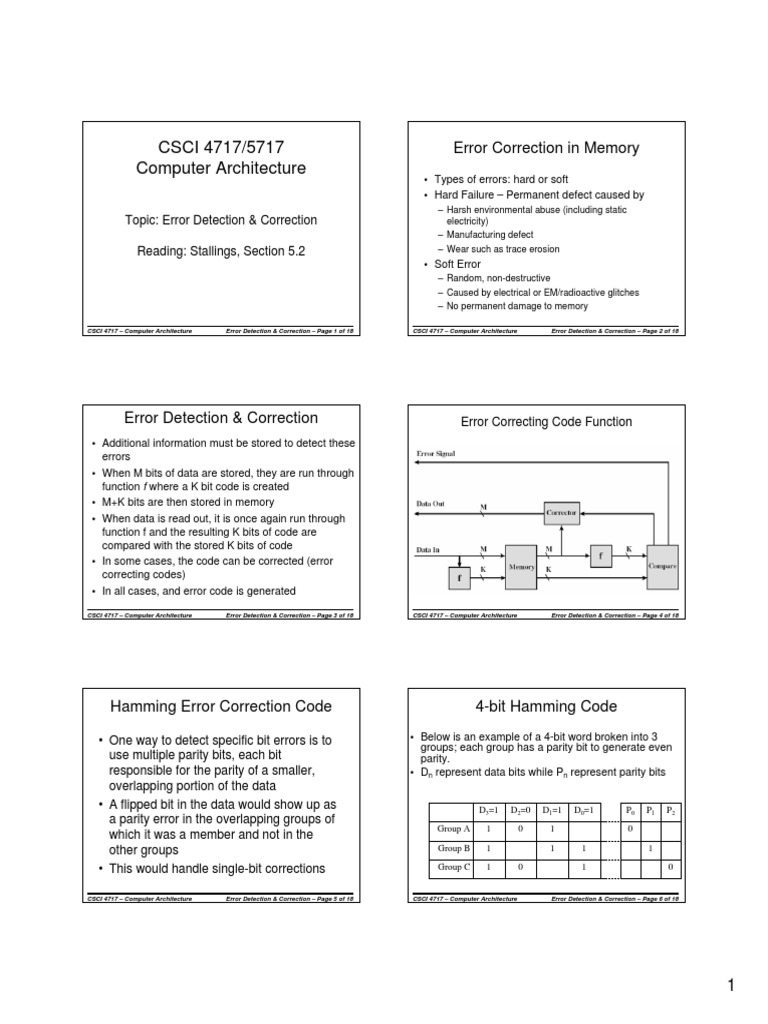 Csci 4717 5717 Computer Architecture Error Correction In Memory Pdf Error Detection And