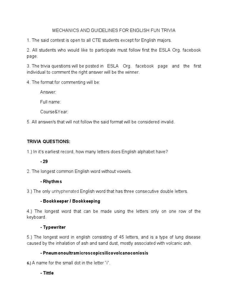 Mechanics and Guidelines For English Fun Trivia | PDF