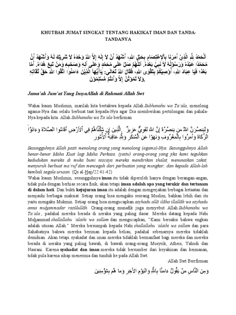 Khutbah Jumat Singkat Tentang Hakikat Iman Dan Tanda | PDF