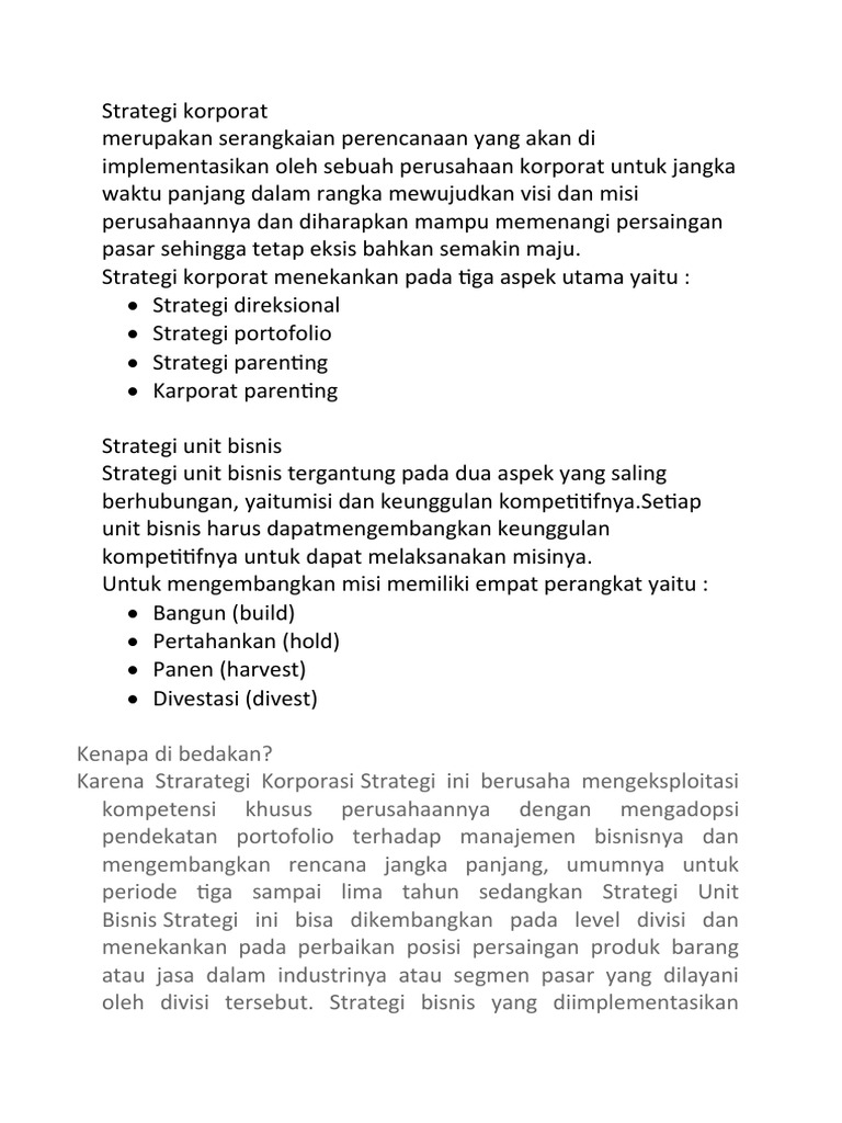 Perbedaan Strategi Korporat Dan Unit Bisnis | PDF