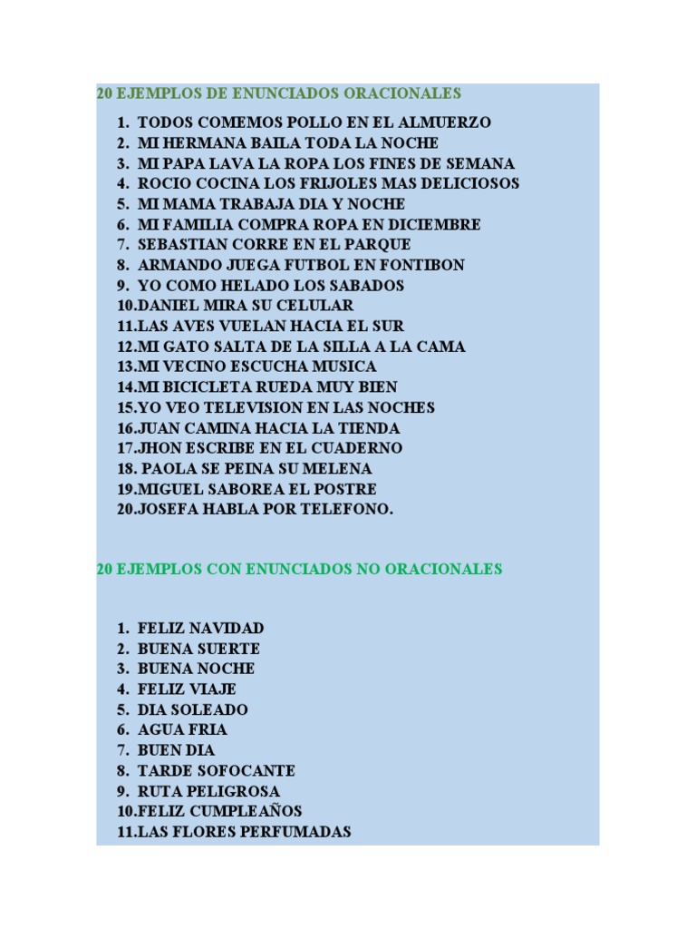 20 Ejemplos de Enunciados Oracionales y No Oracionales | PDF