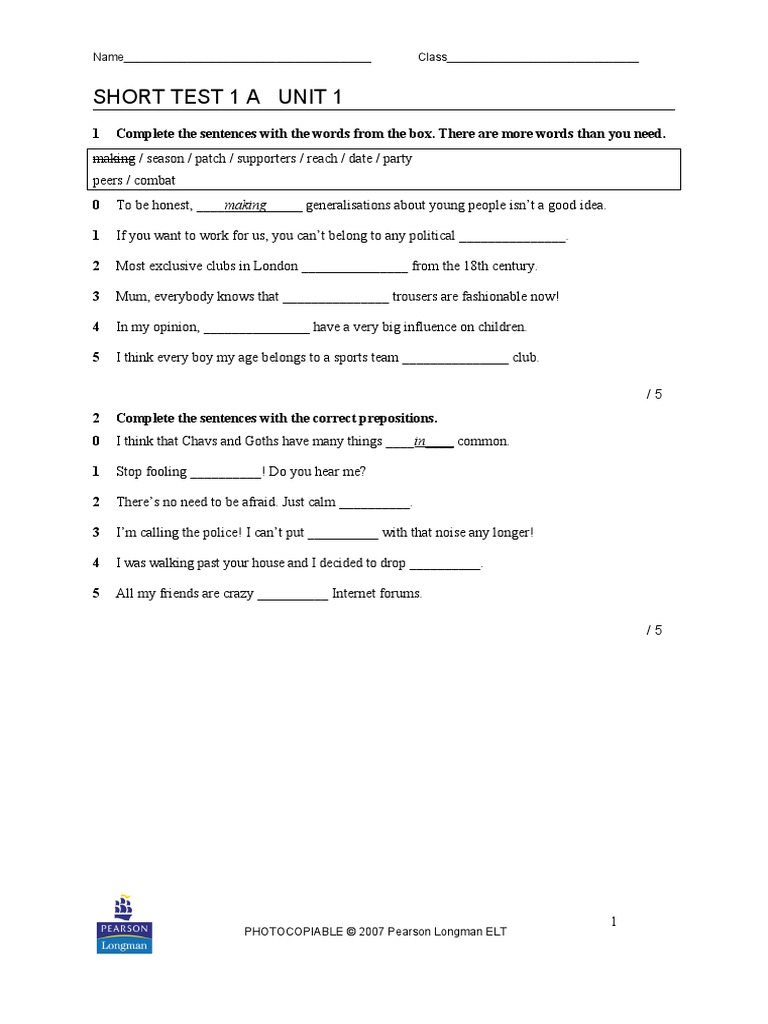 Short Test 1 A Unit 1: 1 Complete The Sentences With The Words From The ...