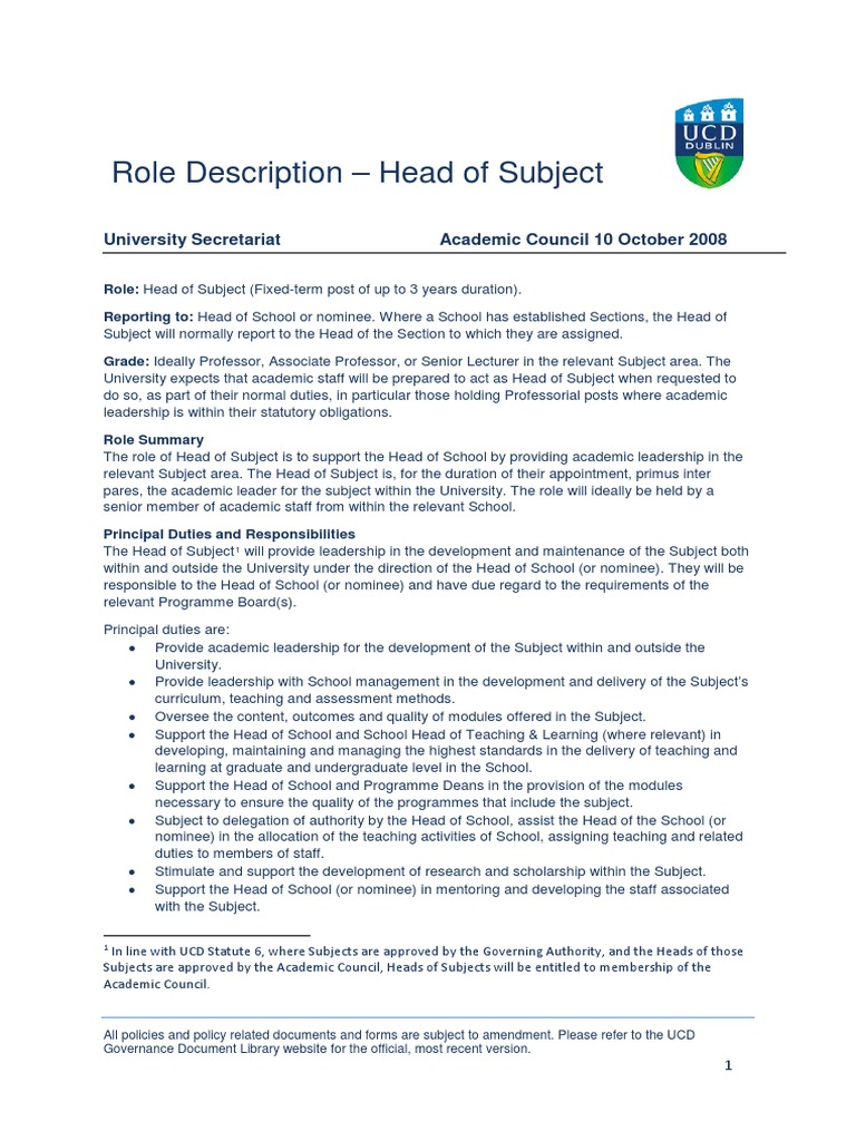 Head of Subject Role Description | PDF | Lecturer | Leadership