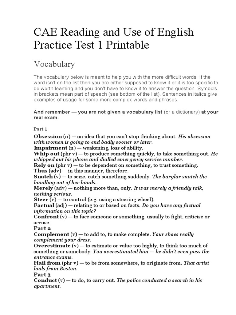 CAE Reading and Use of English Practice Test 1 Printable | PDF ...