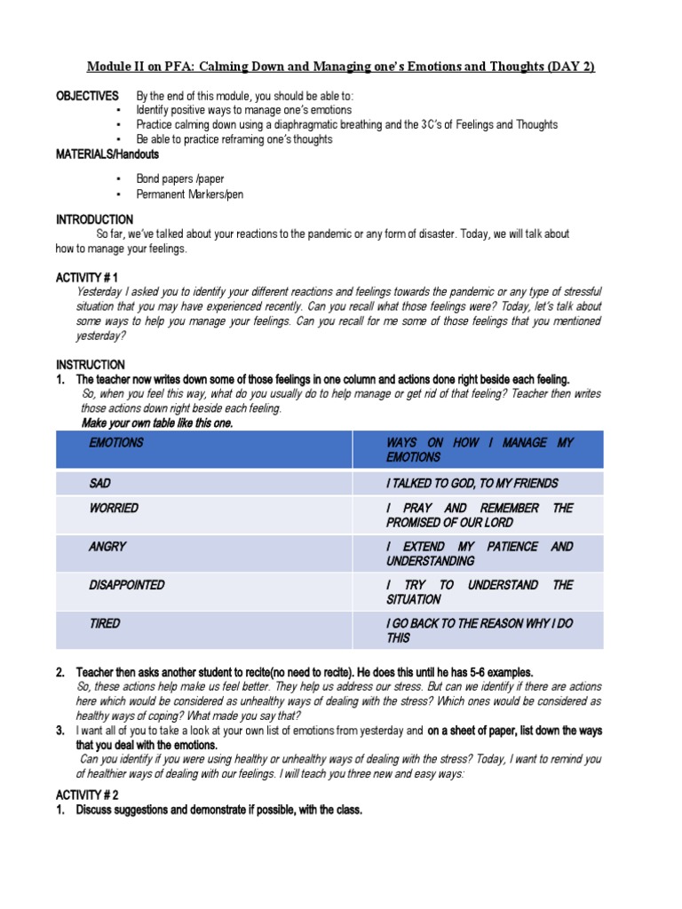 Module II On PFA: Calming Down and Managing One's Emotions and Thoughts ...