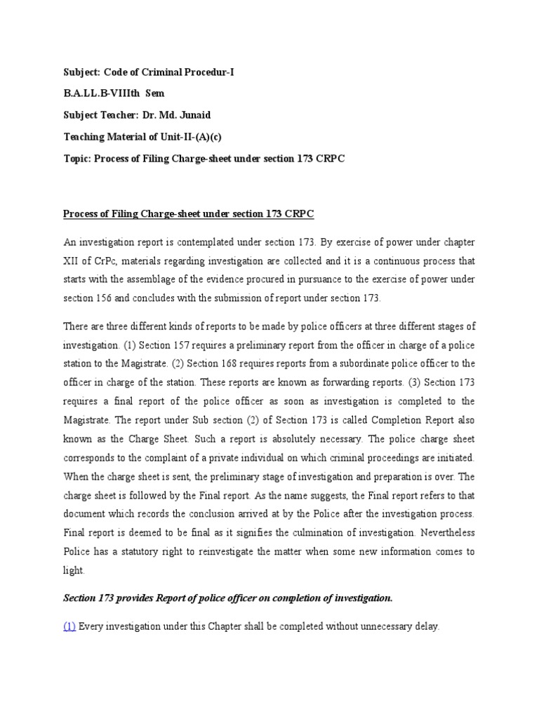 Process of Filing Charge-sheet under Section 173 CRPC | PDF | Arrest | Bail