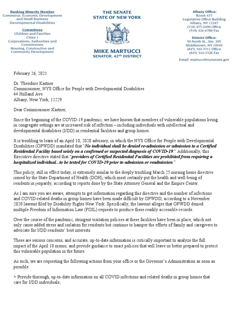 0226.OPWDD Letter From Members | PDF | Group Home | Developmental ...