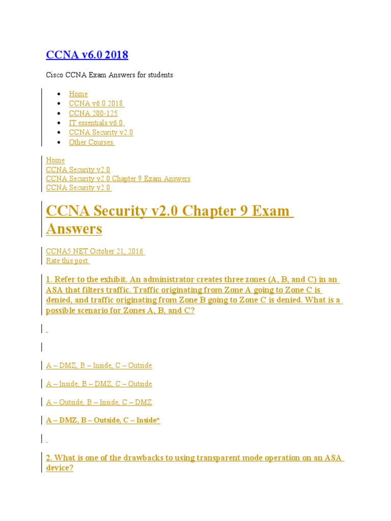 CCNA Security v2.0 Chapter 9 Exam Answers | PDF | Cisco Certifications | Ip Address