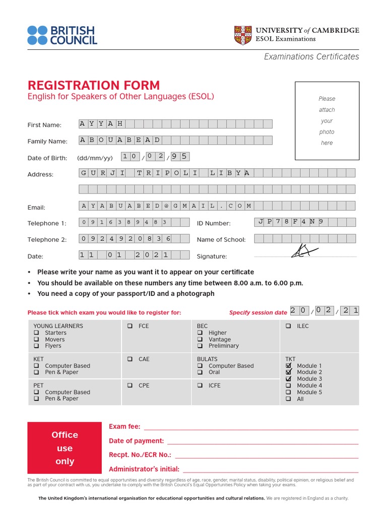 Registration Form: English For Speakers of Other Languages (ESOL) | PDF ...