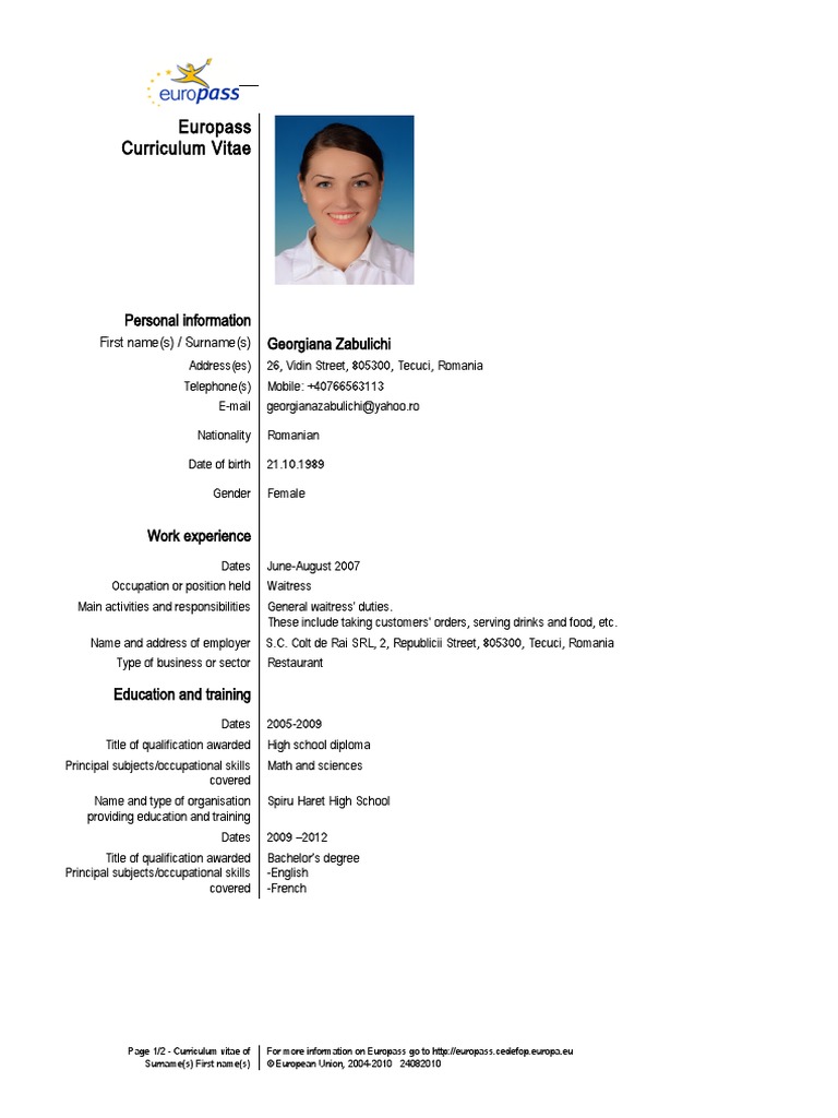 Europass Curriculum Vitae: Personal Information Georgiana Zabulichi | PDF | Languages ...