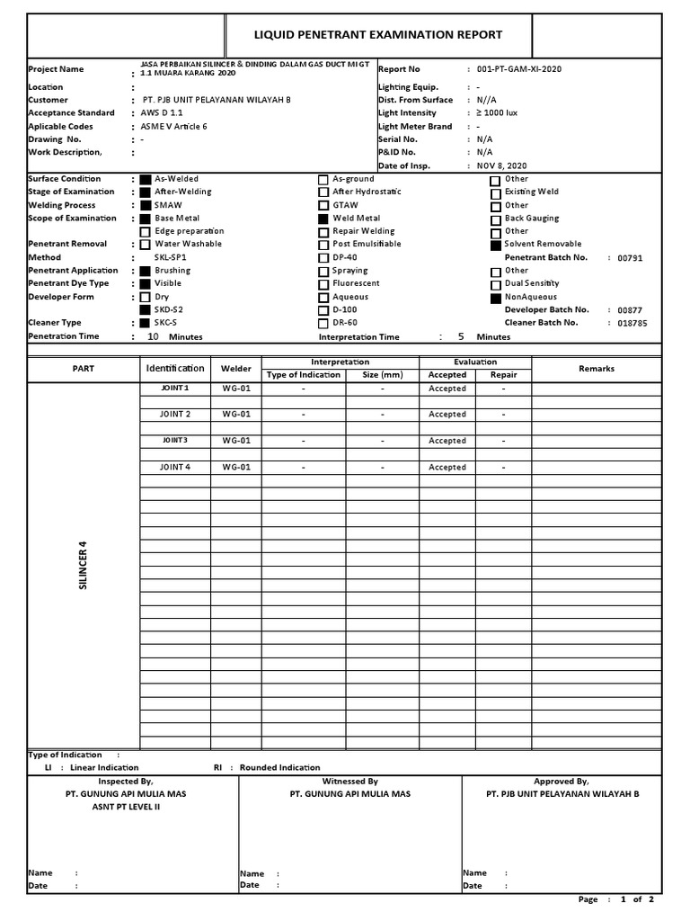 Liquid Penetrant Examination Report: Jasa Perbaikan Silincer & Dinding ...