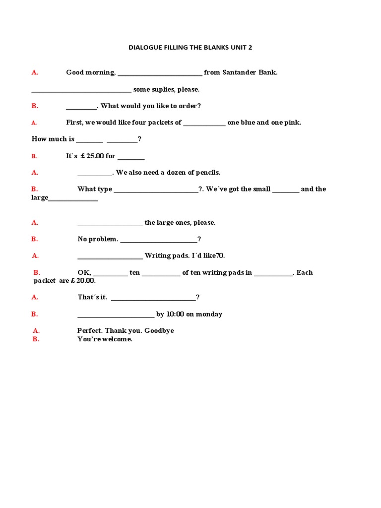Dialogue Filling The Blanks Unit 2 | PDF