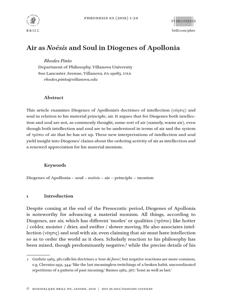 Air As Noēsis and Soul in Diogenes of Apollonia | PDF | Nous | Soul