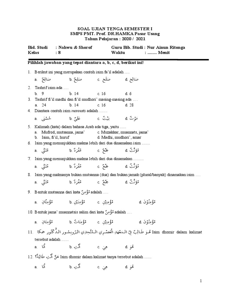 SOAL Nahwu UJIAN TENGA SEMESTER I Kelas 8 | PDF