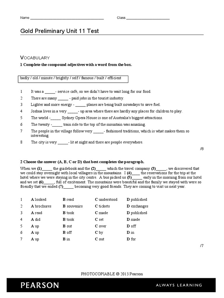 Gold Preliminary Unit 11 Test: Name - Class | PDF