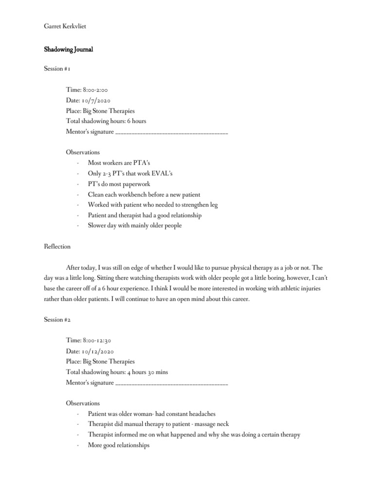 Shadowing Journal 1 | PDF | Physical Therapy | Massage