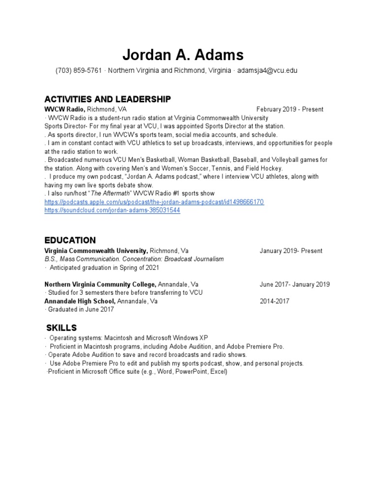 Jordan A. Adams: Activities and Leadership | PDF