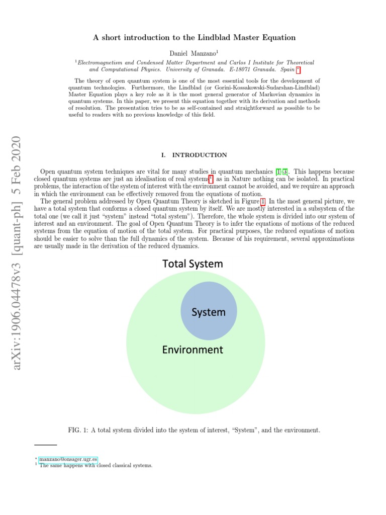 A Short Introduction To The Lindblad Master Equation | PDF | Matrix ...