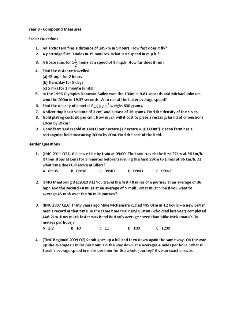 Year 8 Compound Measures: Speed Calculations | PDF | Speed | Metrology