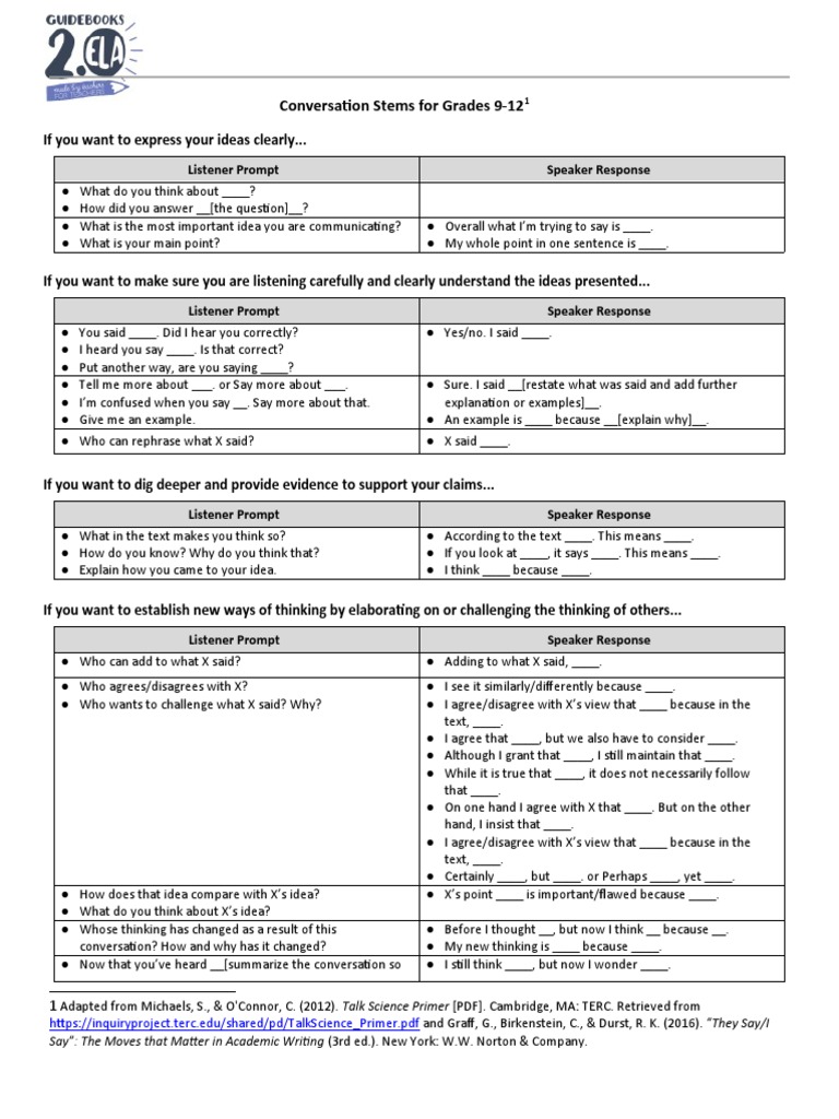 Conversation Stems For Grades 9-12: Listener Prompt Speaker Response | PDF