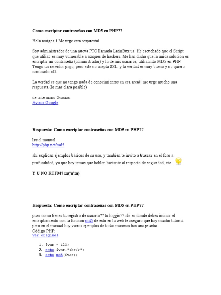 Como Encriptar Contraseñas Con Md5 En Php Pdf Php Contraseña