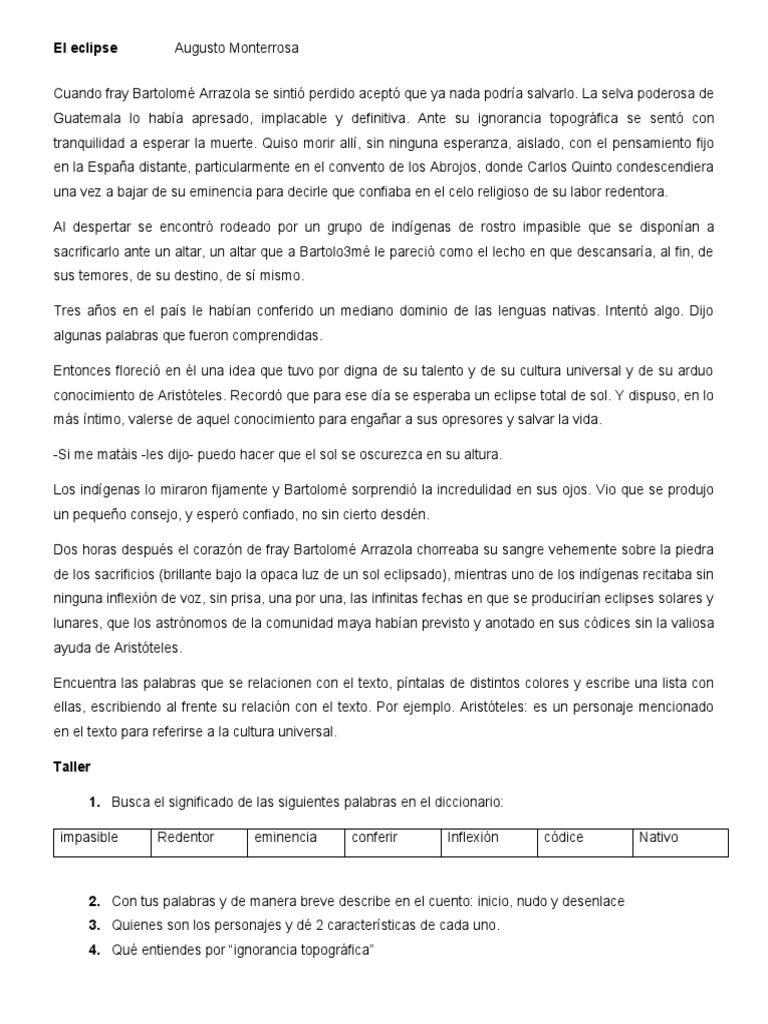Resumen de "El eclipse" de Monterroso | PDF | Cuentos | Aristóteles