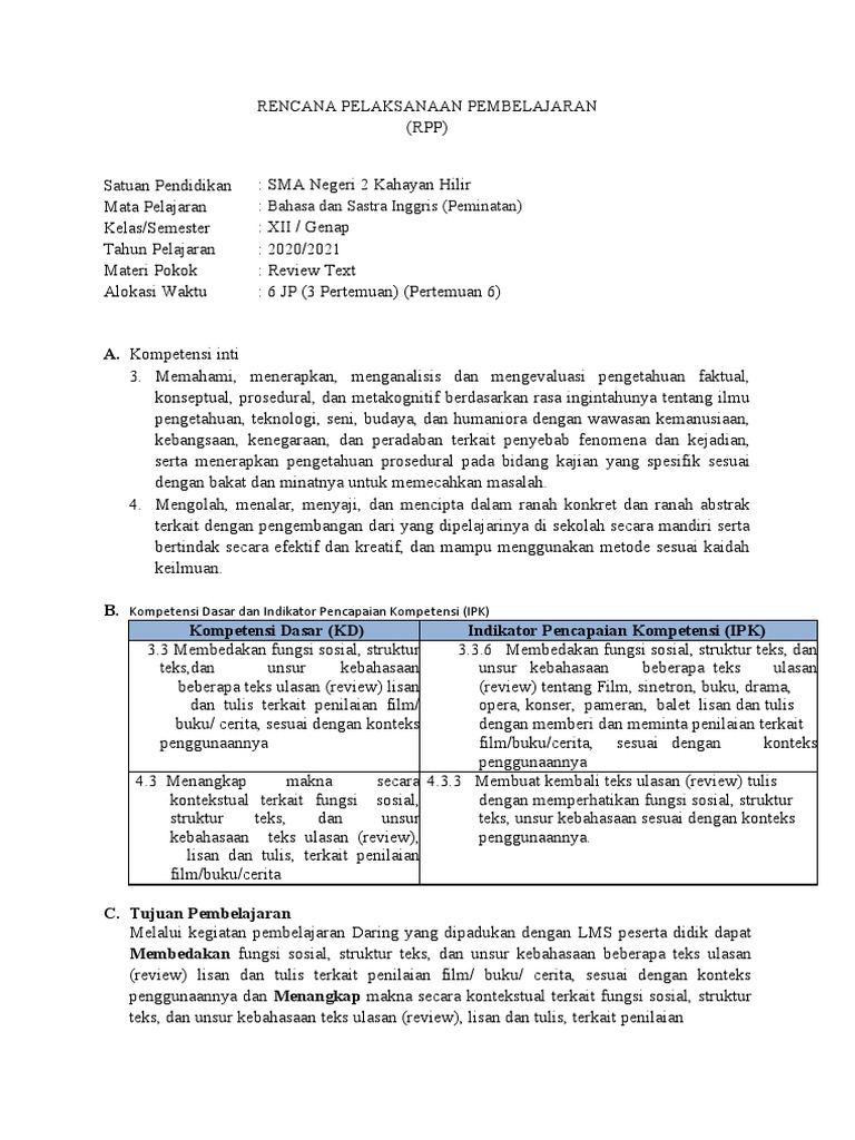 RPP PJJ Sastra Inggris Kelas Xii | PDF | Karier & Perkembangan