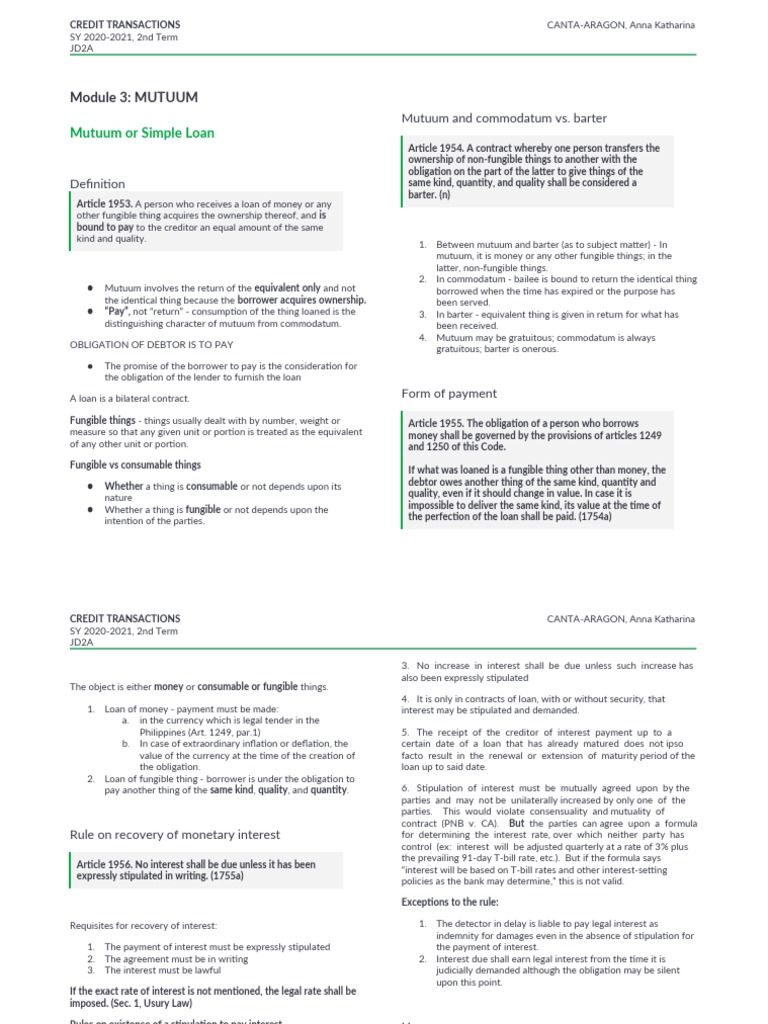 Credit Transactions - Notes 03 | PDF | Interest | Loans